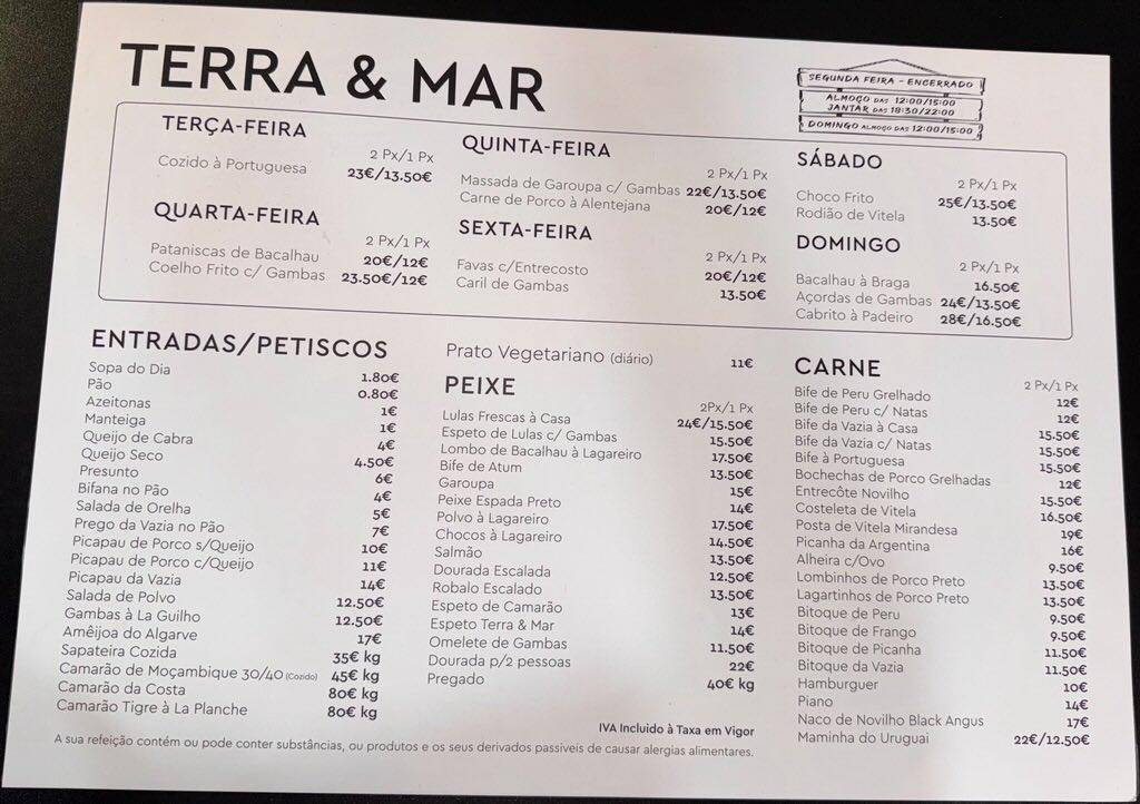 Menu em Terra & Mar Restaurante, Forte da Casa