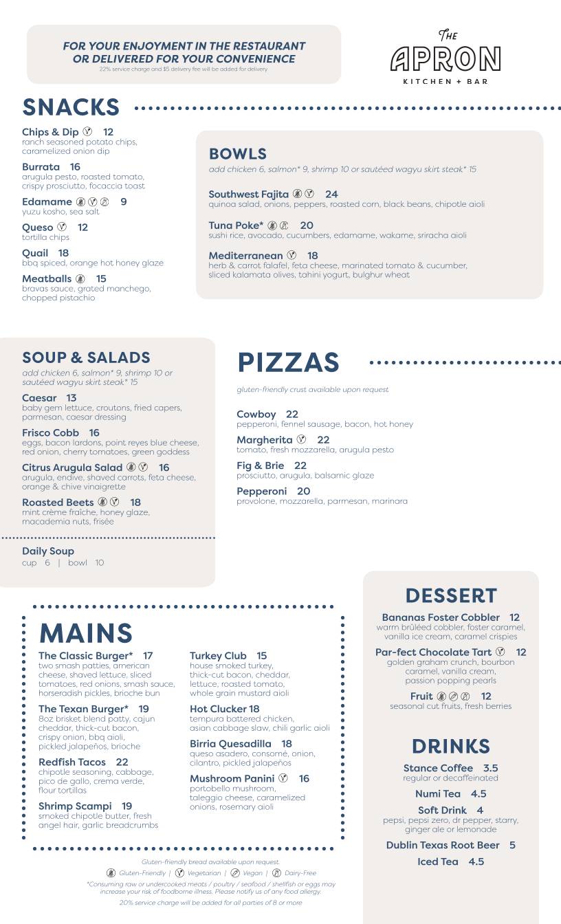 Menu at The Apron Kitchen + Bar, Frisco