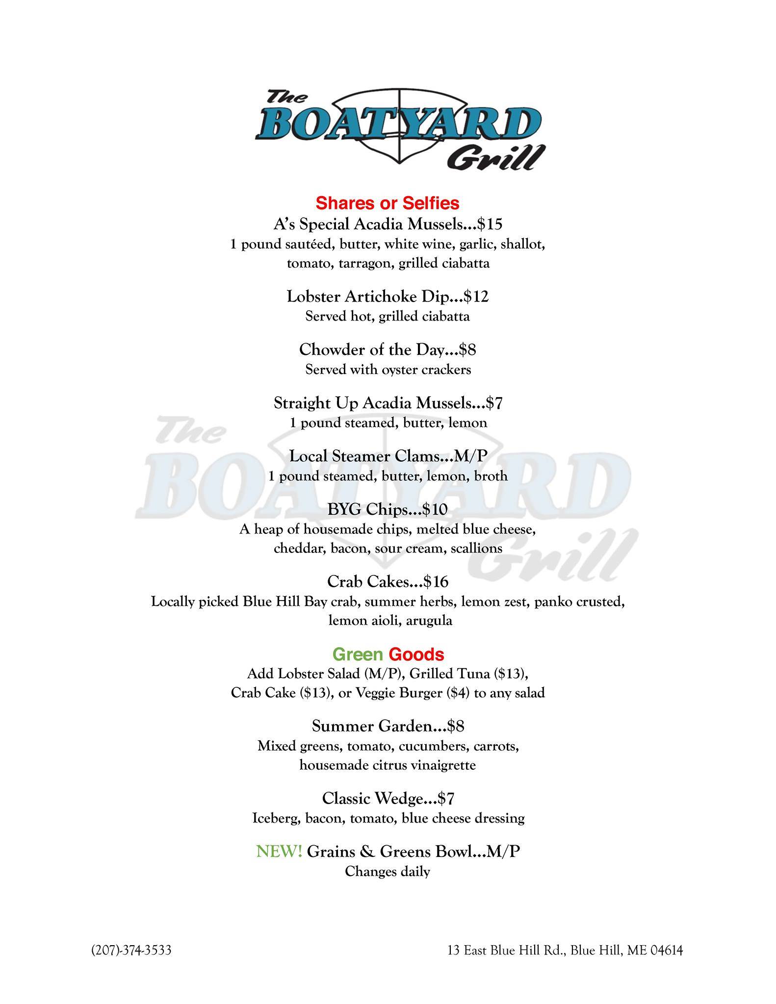 Menu at The Boatyard Grill restaurant, Blue Hill