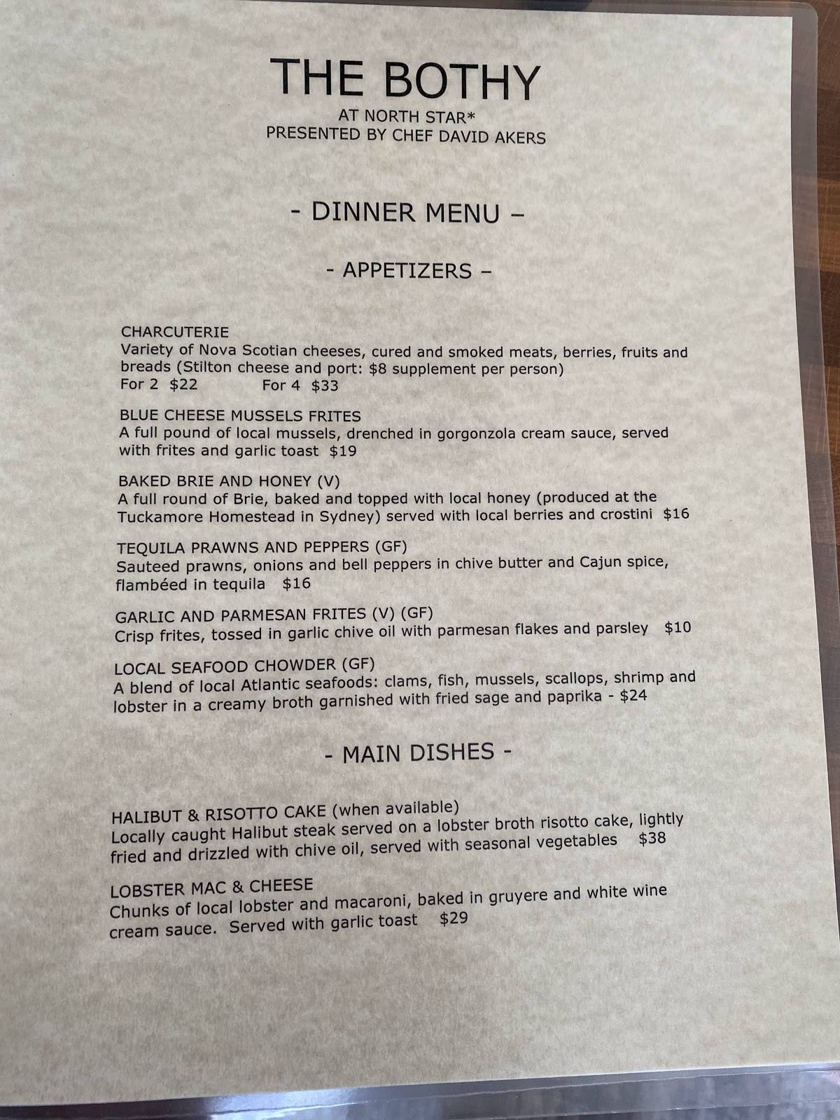 Menu at The Bothy at North star restaurant, Louisbourg