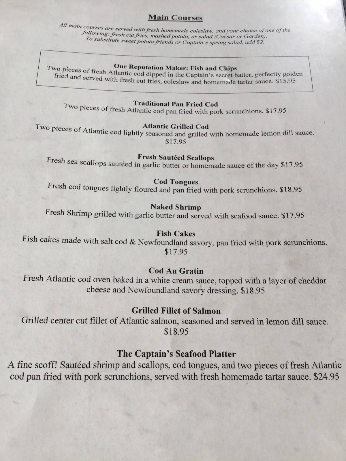 Menu at The Captain's Table restaurant, Witless Bay
