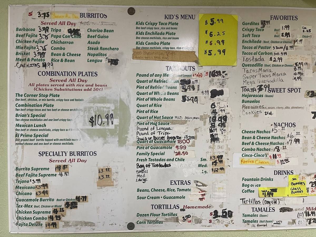 Menu at The Corner Stop restaurant, San Angelo, Ben Ficklin Rd
