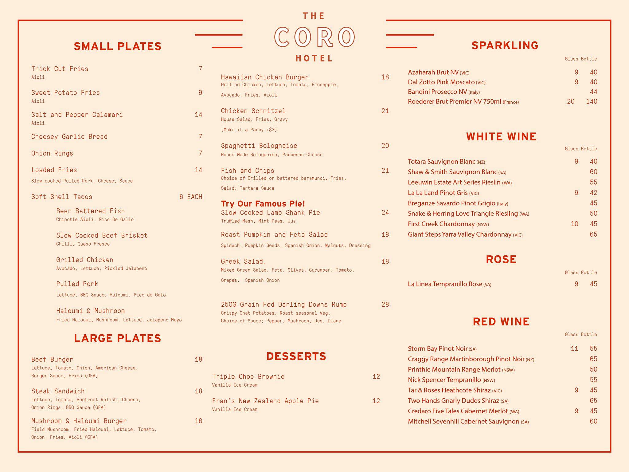 Menu at The Coro Hotel restaurant, Milton