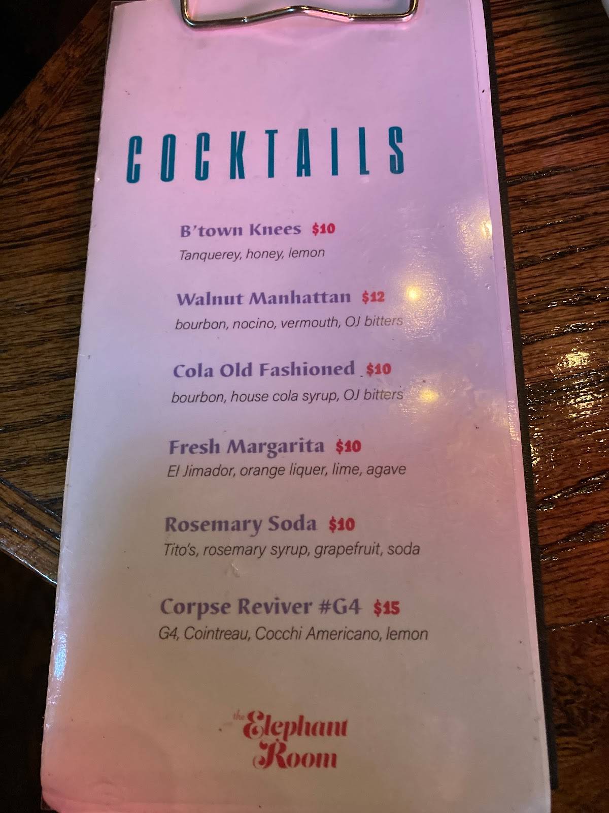Menu at The Elephant Room restaurant, Detroit