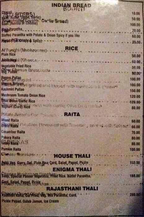 Menu at The Enigma Cafe, Pushkar