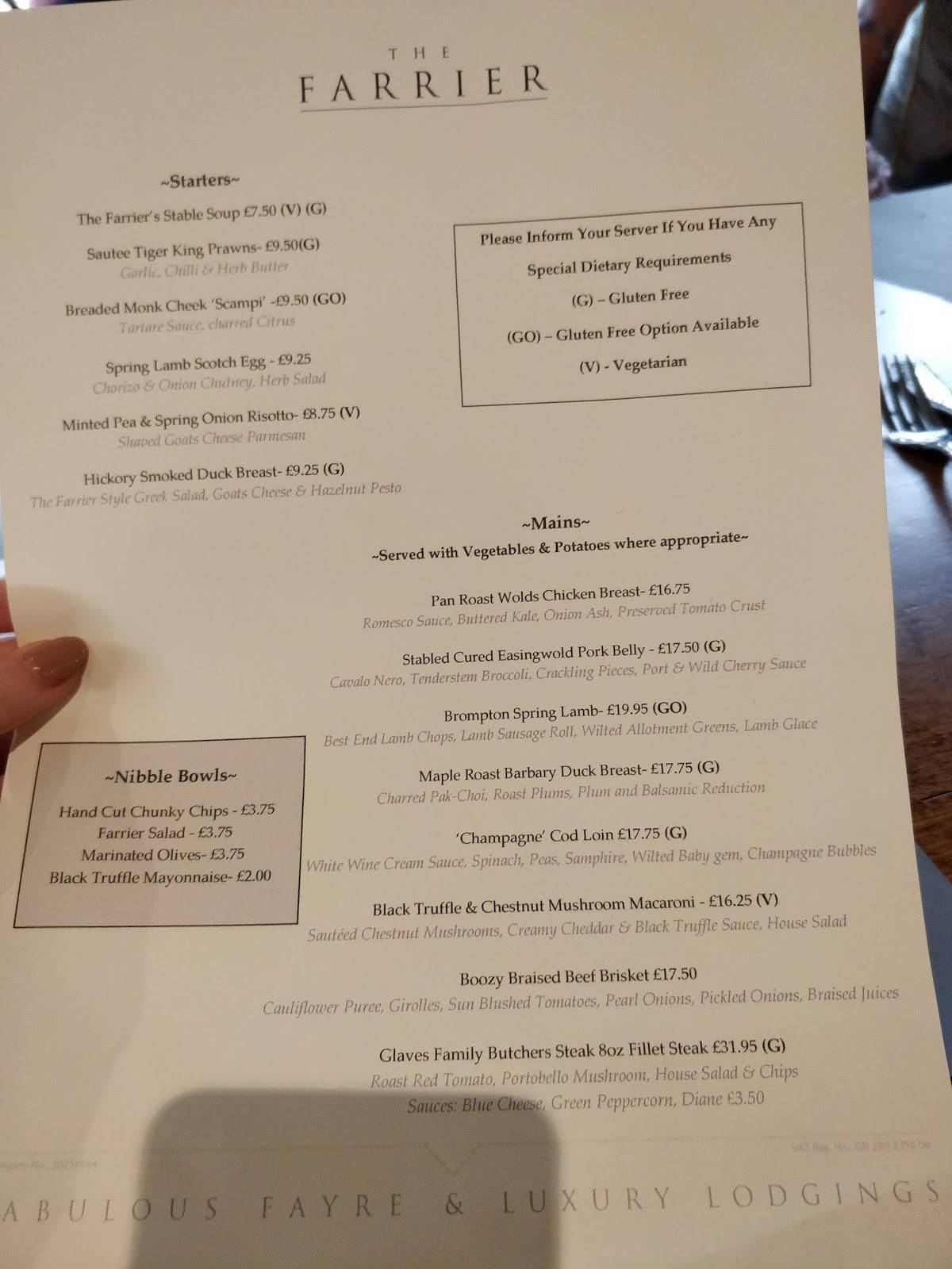 Menu at The Farrier restaurant, Scarborough