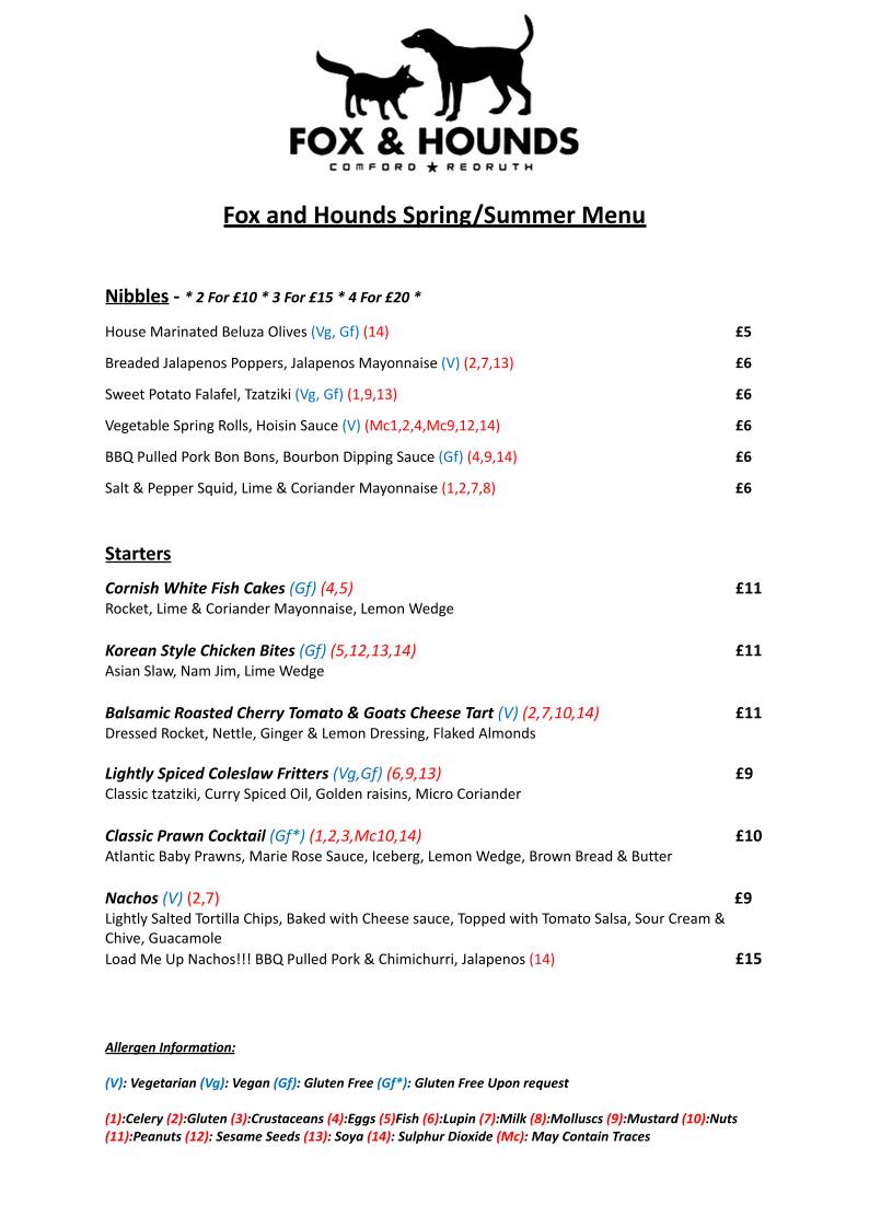 Menu at The Fox & Hounds Comford restaurant, Redruth