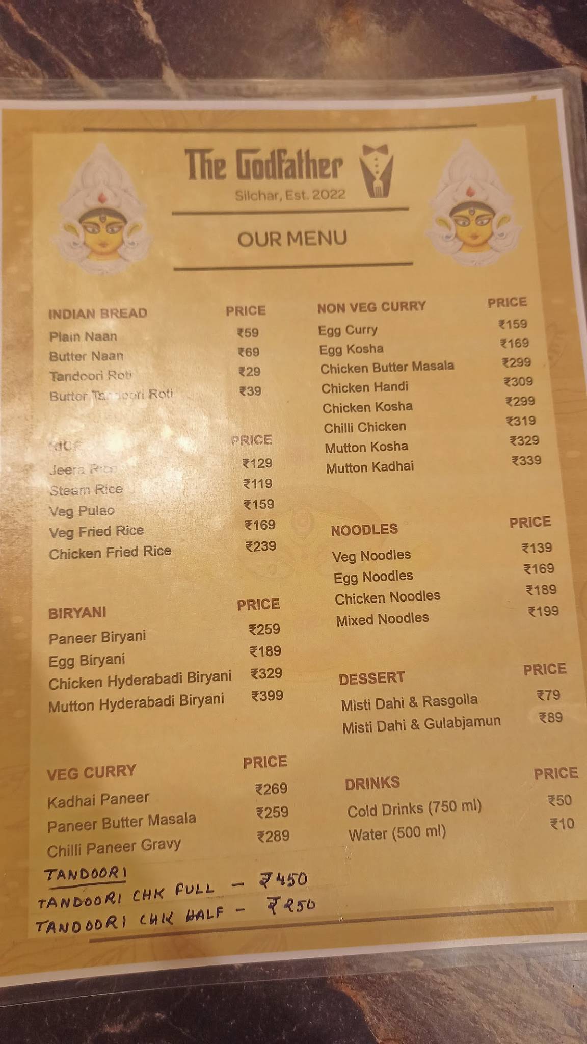Menu at The Godfather, Silchar