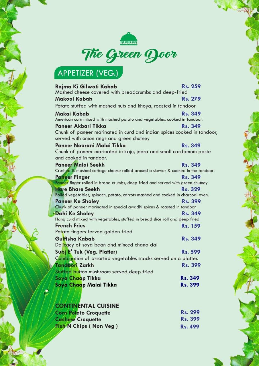 Menu at The Green Door, Bareilly