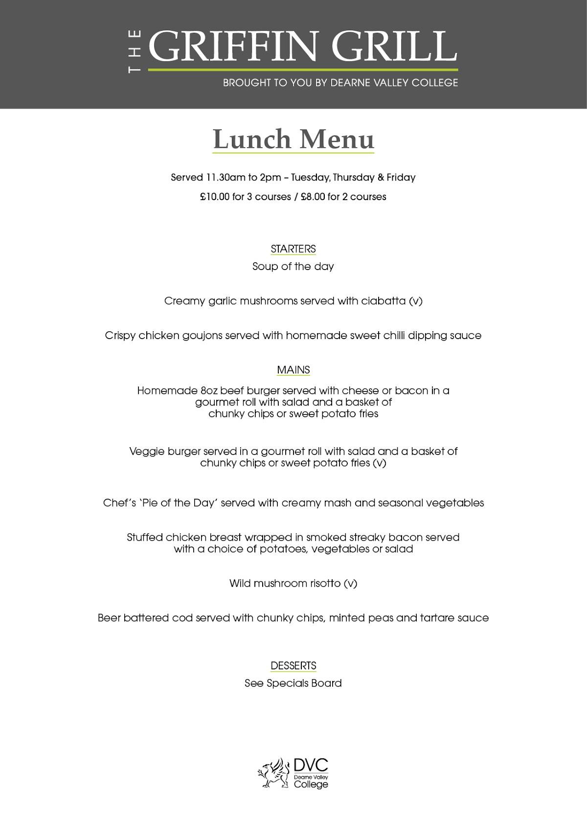 Carta de The Griffin Grill Restaurant, Rotherham