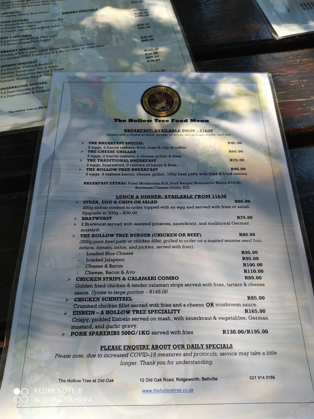 Menu at The Hollow Tree at Old Oak restaurant, Cape Town, 12 Old Oak Rd