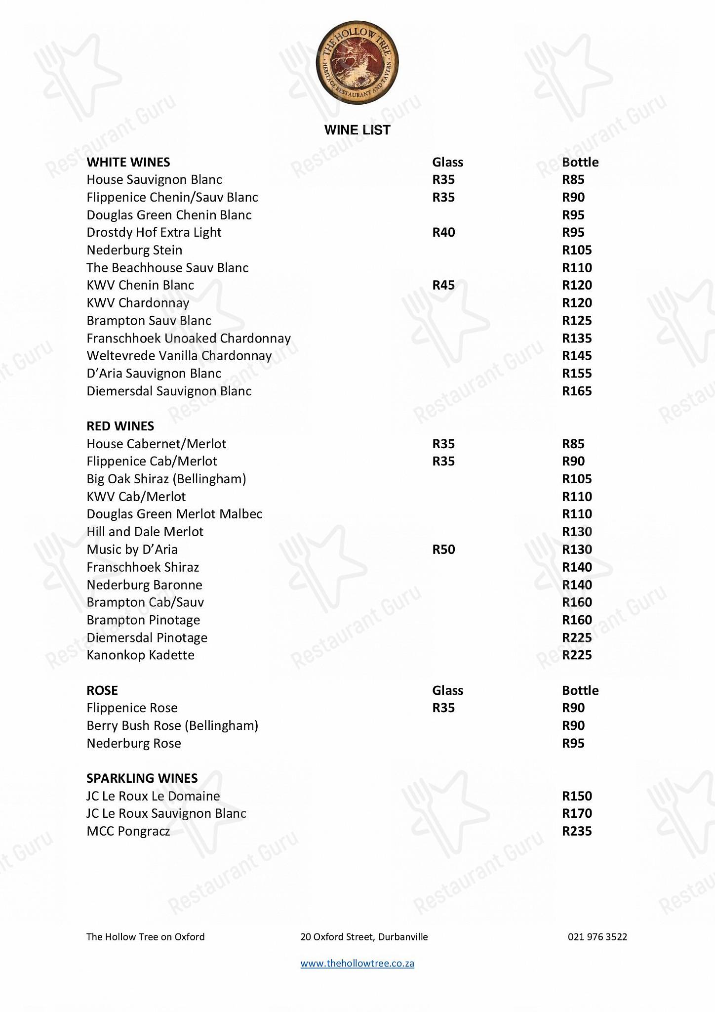 Menu at The Hollow Tree at Old Oak restaurant, Cape Town, 12 Old Oak Rd