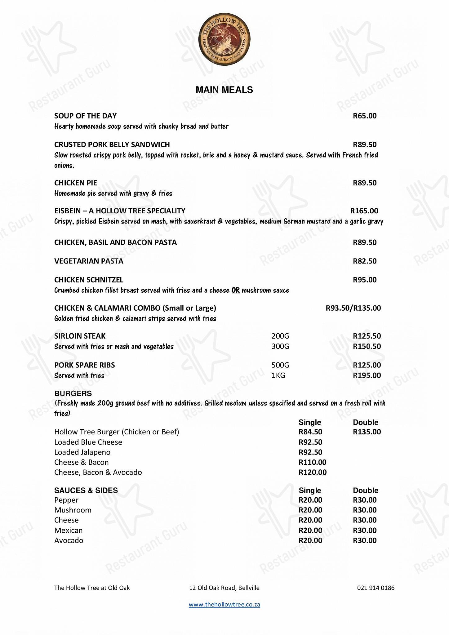 Menu at The Hollow Tree at Old Oak restaurant, Cape Town, 12 Old Oak Rd