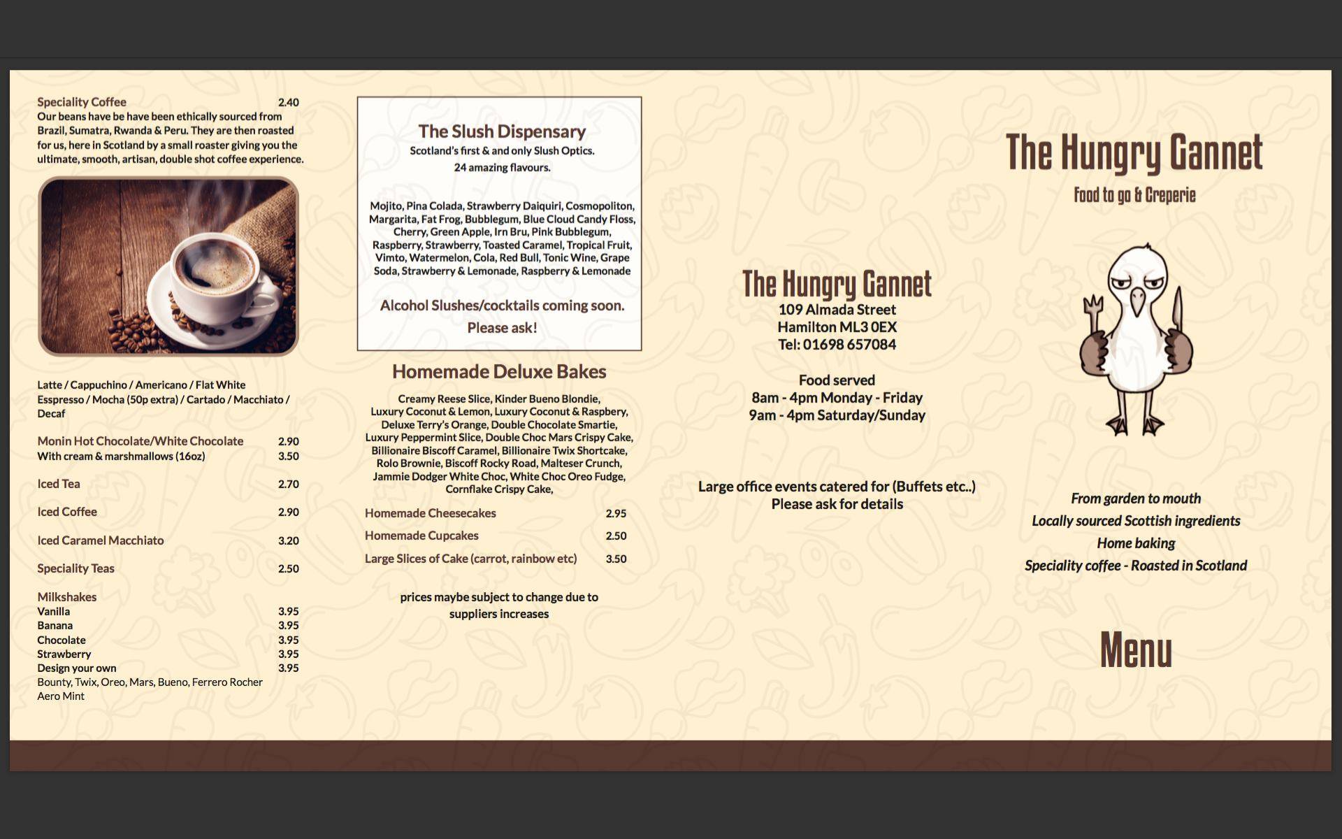 Menu at The Hungry Gannet restaurant, Hamilton