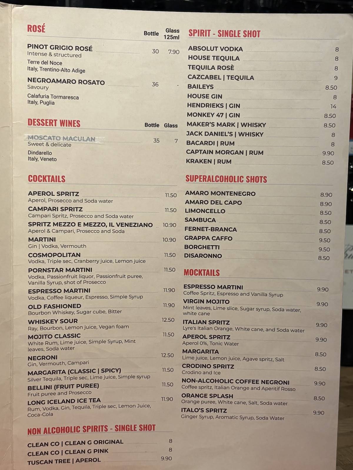 Menu at The Italo's Islington restaurant, London
