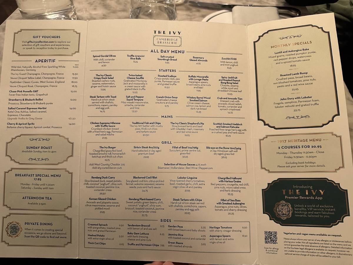 Menu at The Ivy Cambridge Brasserie restaurant, Cambridge
