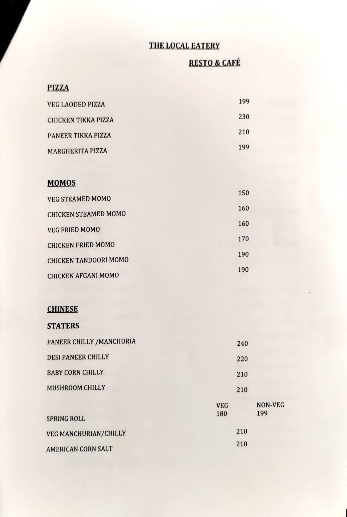 Menu at The Local Eatery, Ranchi