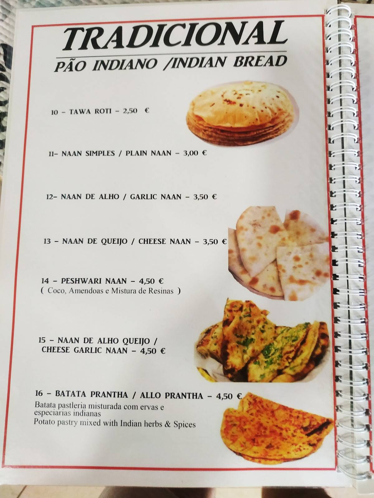 Menu at The "Mother India" Restaurant, Figueira da Foz