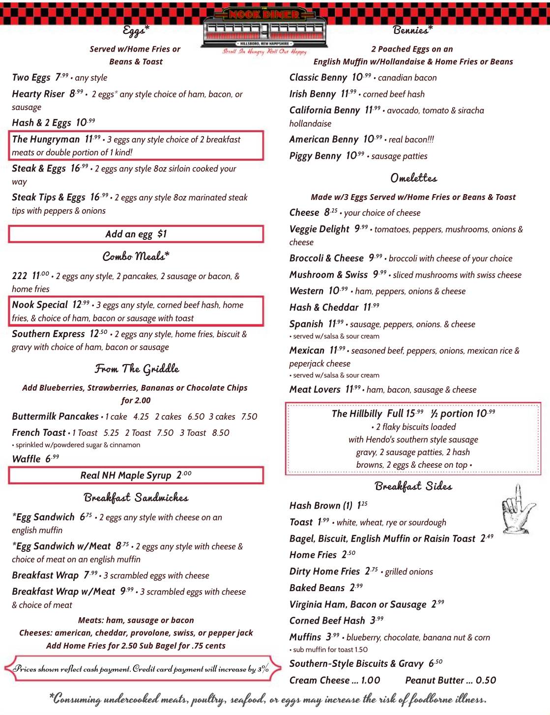 Menu at The Nook Diner restaurant, Hillsboro