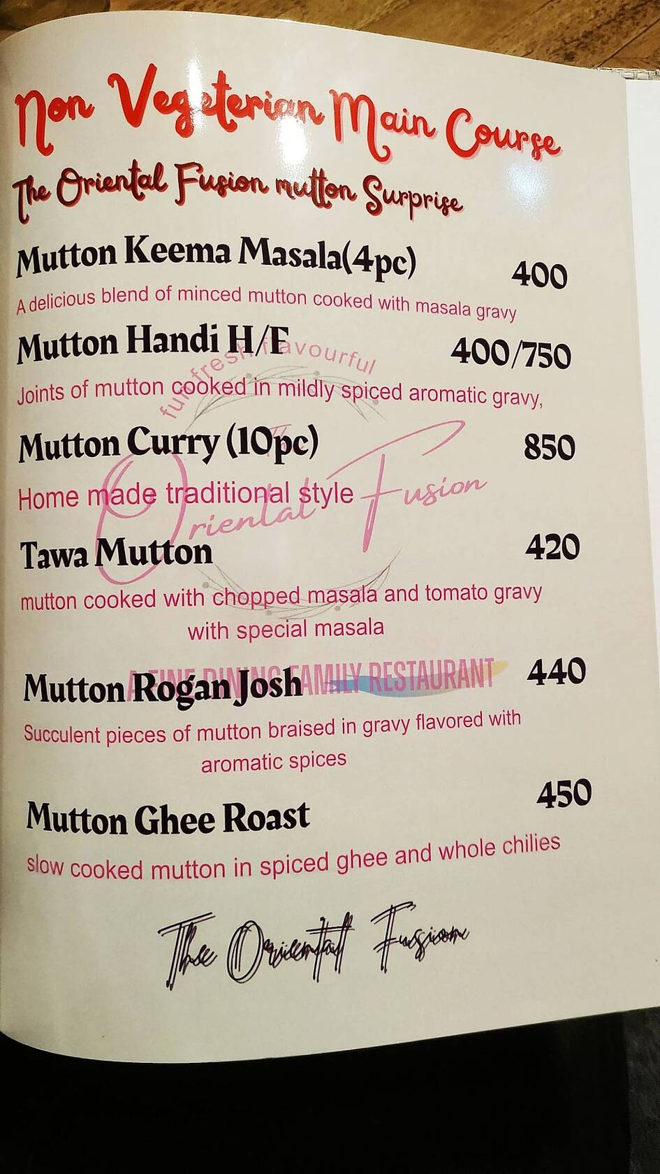Menu at The Oriental Fusion, Bihar Sharif