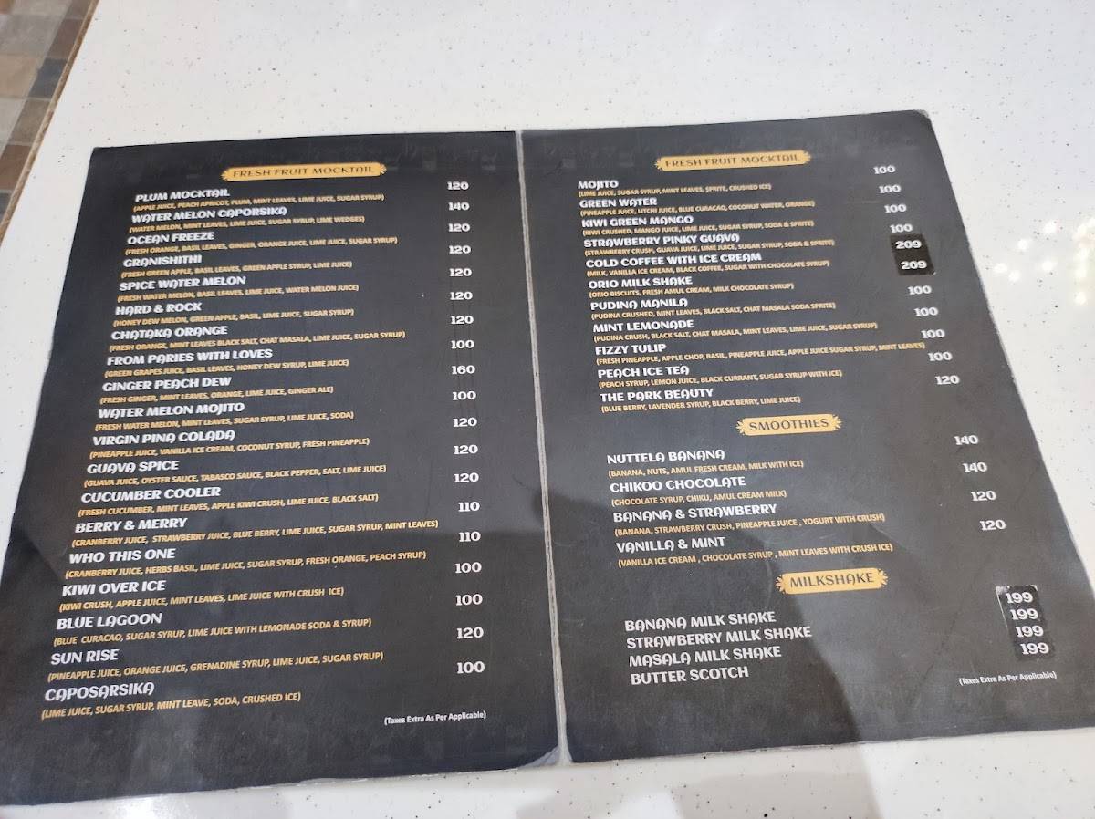 Menu at The Park (TP), Rourkela