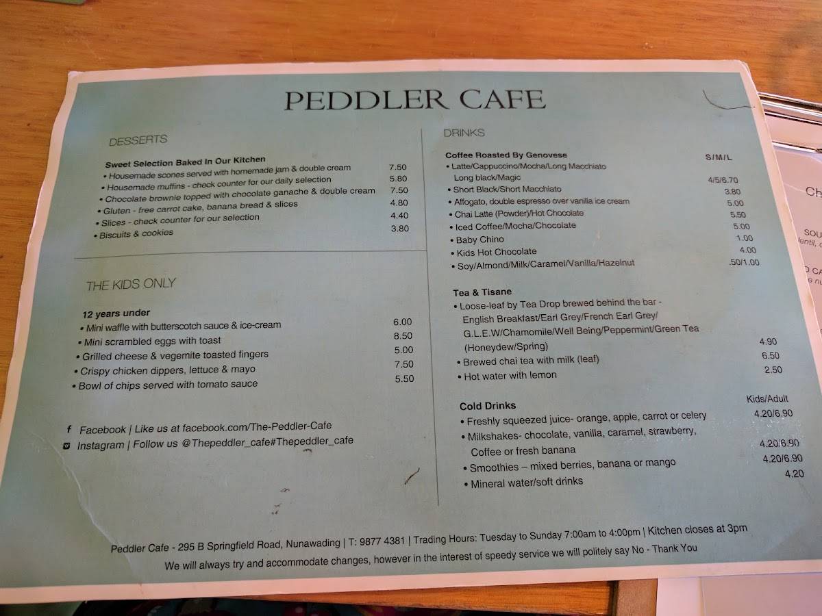 Menu at The Peddler Cafe, Nunawading