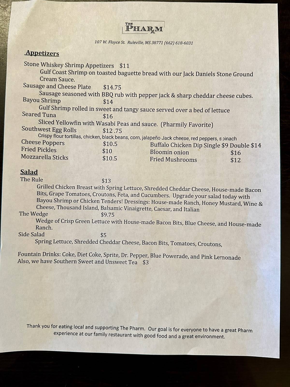 Menu at The Pharm restaurant, Ruleville