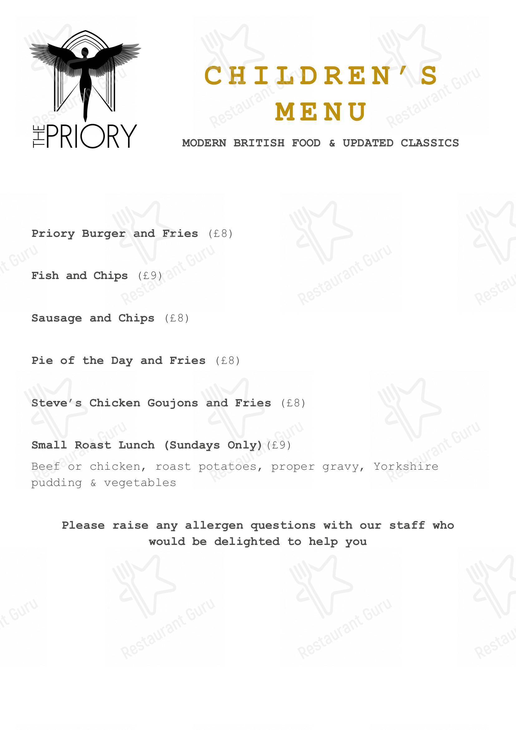 Menu at The Priory Restaurant, Cafe & Cocktail Bar, Christchurch