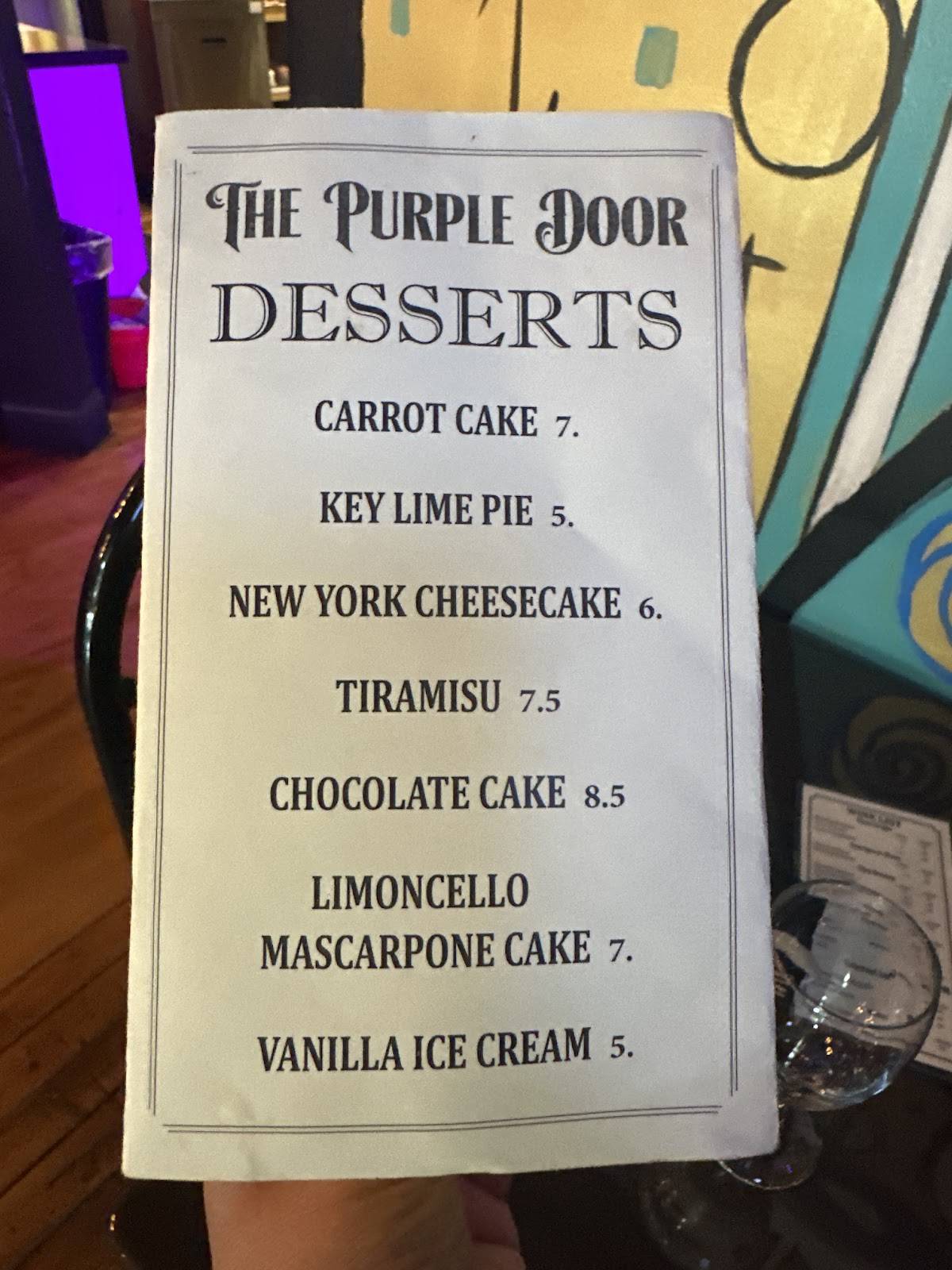 Menu at The Purple Door restaurant, Harlan