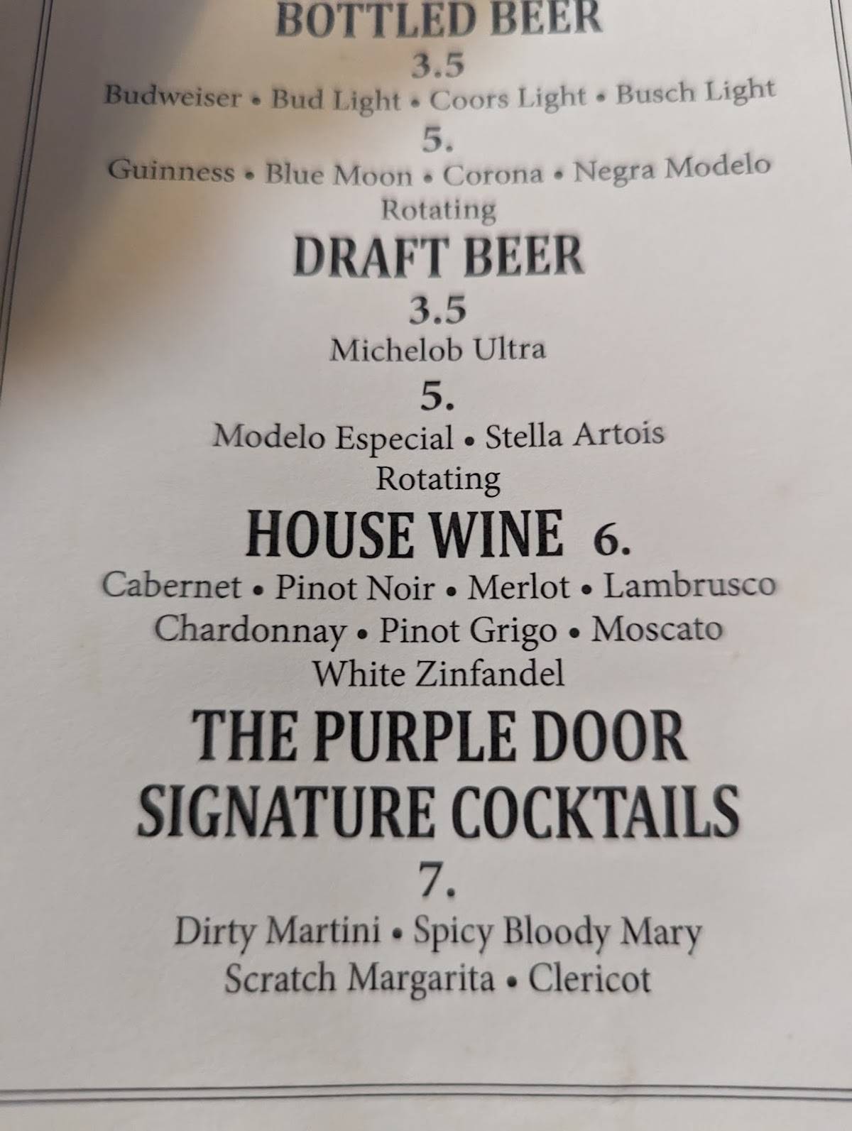 Menu at The Purple Door restaurant, Harlan