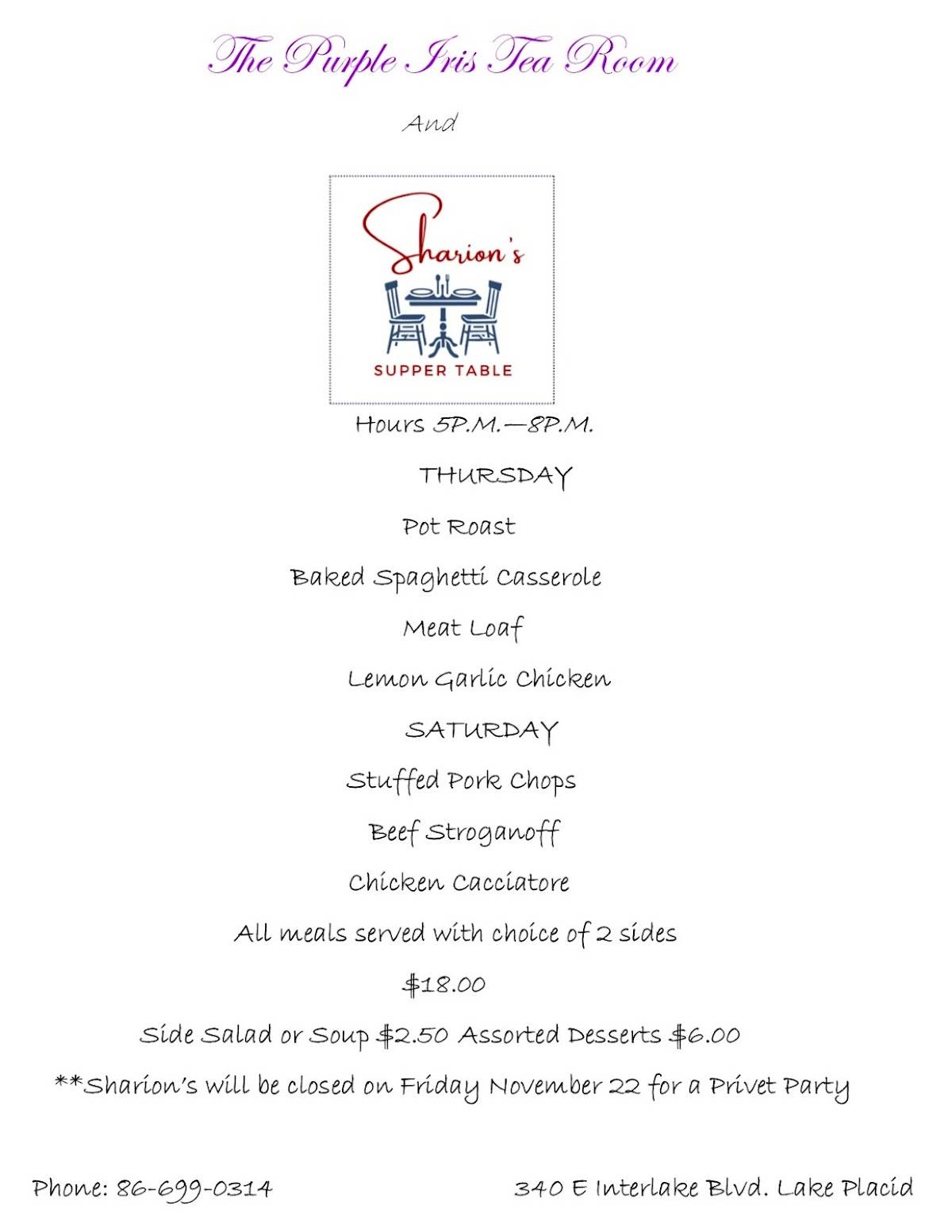 Menu at The Purple Iris Tea Room restaurant, Lake Placid