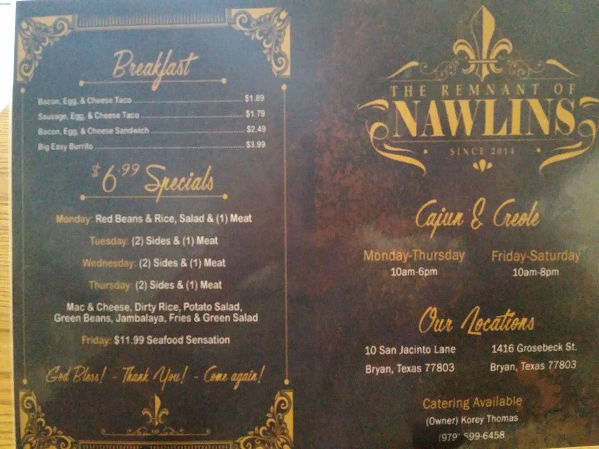 Menu at The Remnant Of Nawlins restaurant, Bryan