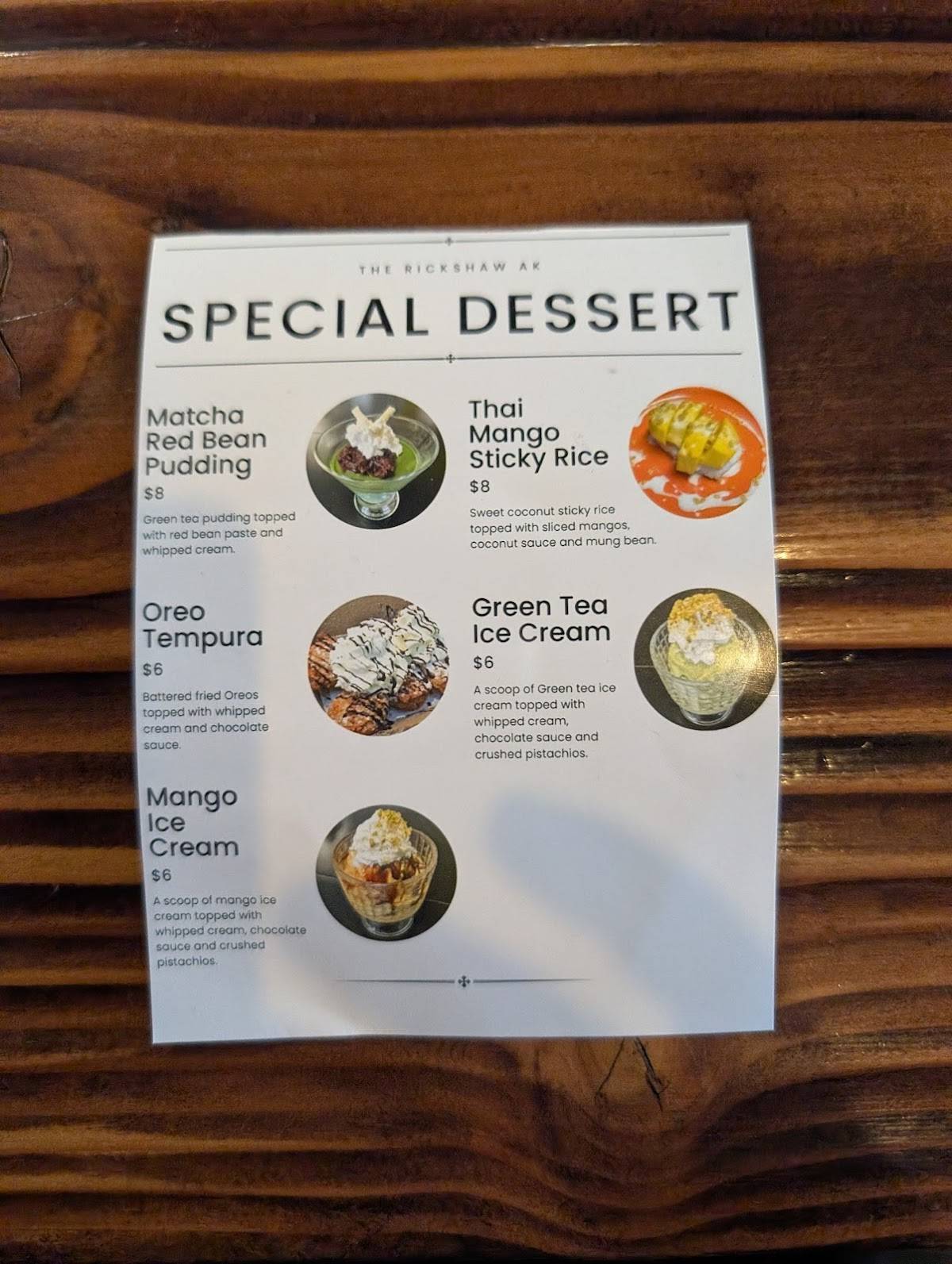 Menu at The Rickshaw AK restaurant, Anchorage