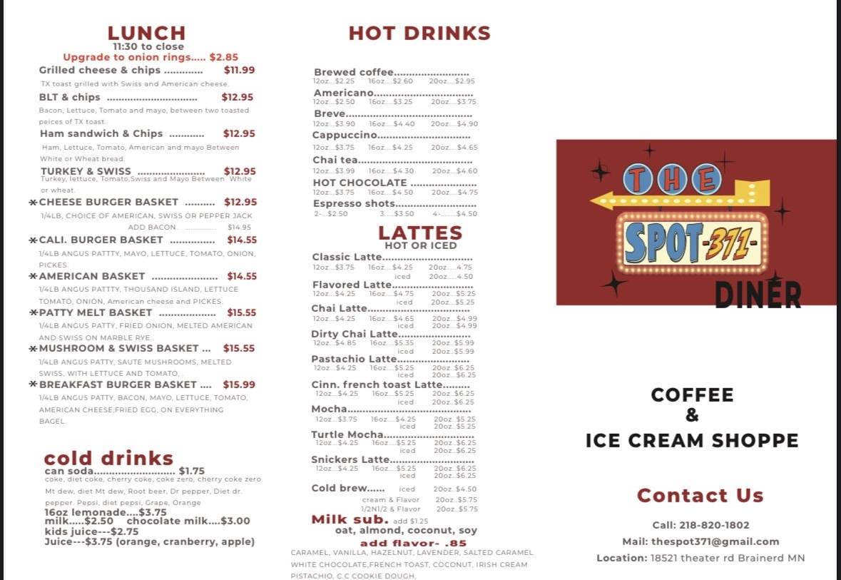Menu at The Spot 371 restaurant, Brainerd