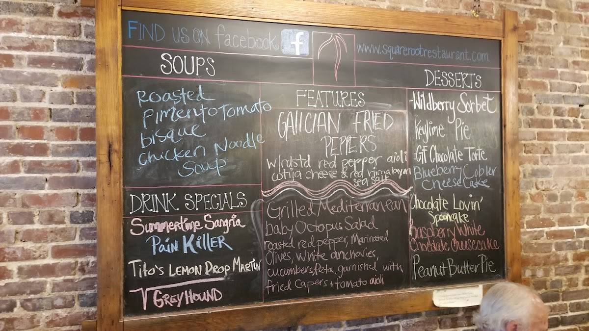 Menu at The Square Root restaurant, Brevard