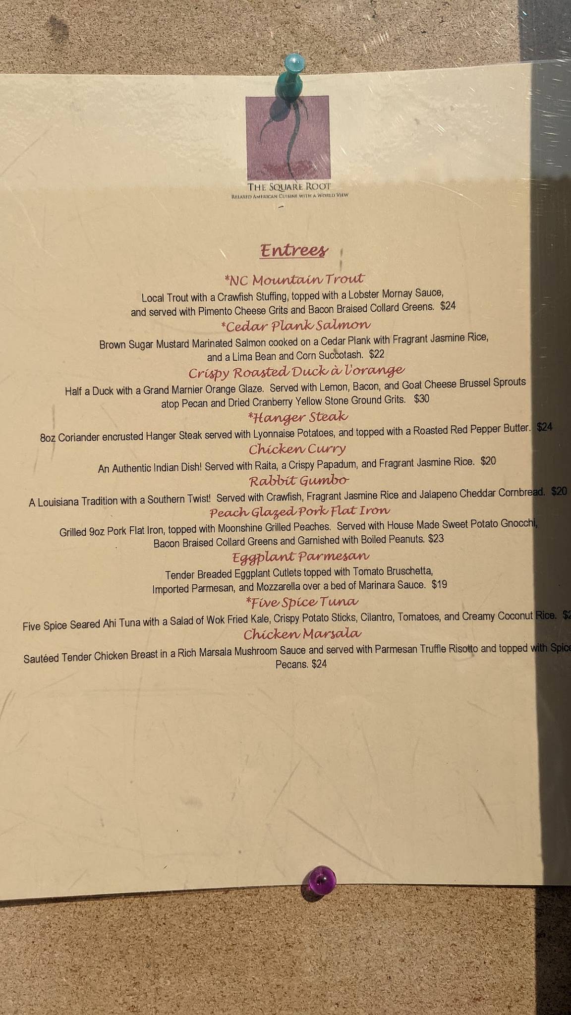 Menu at The Square Root restaurant, Brevard