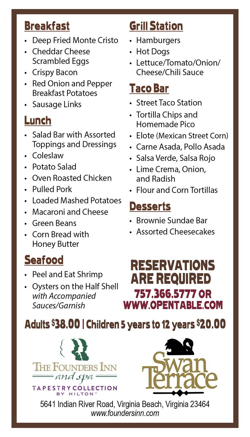 Menu at The Swan Terrace restaurant, Virginia Beach