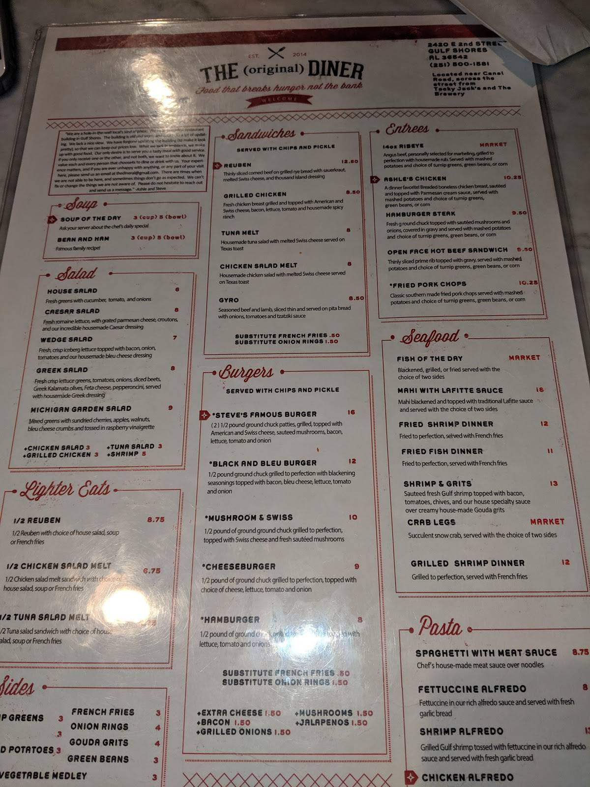 Menu at The ugly Diner restaurant, Gulf Shores