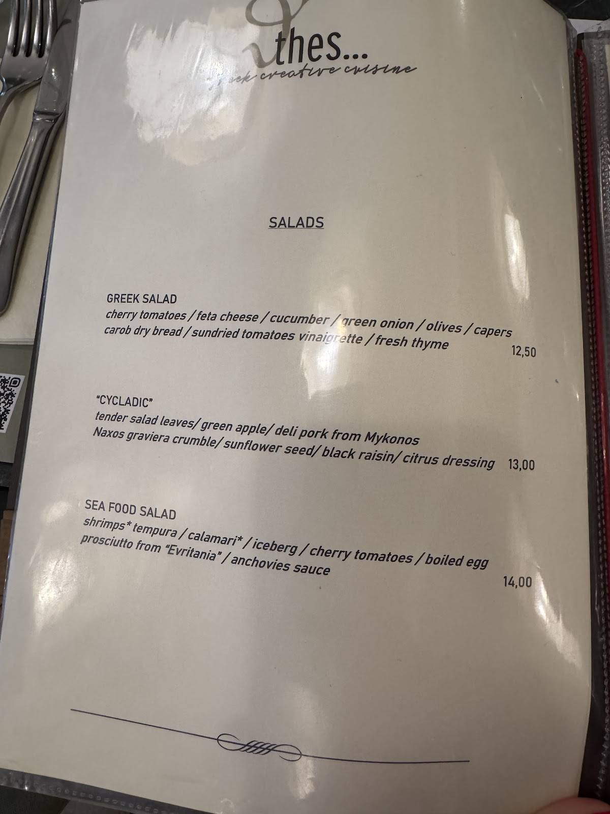 Menu at Thes ''Greek Creative Cuisine'', Athens