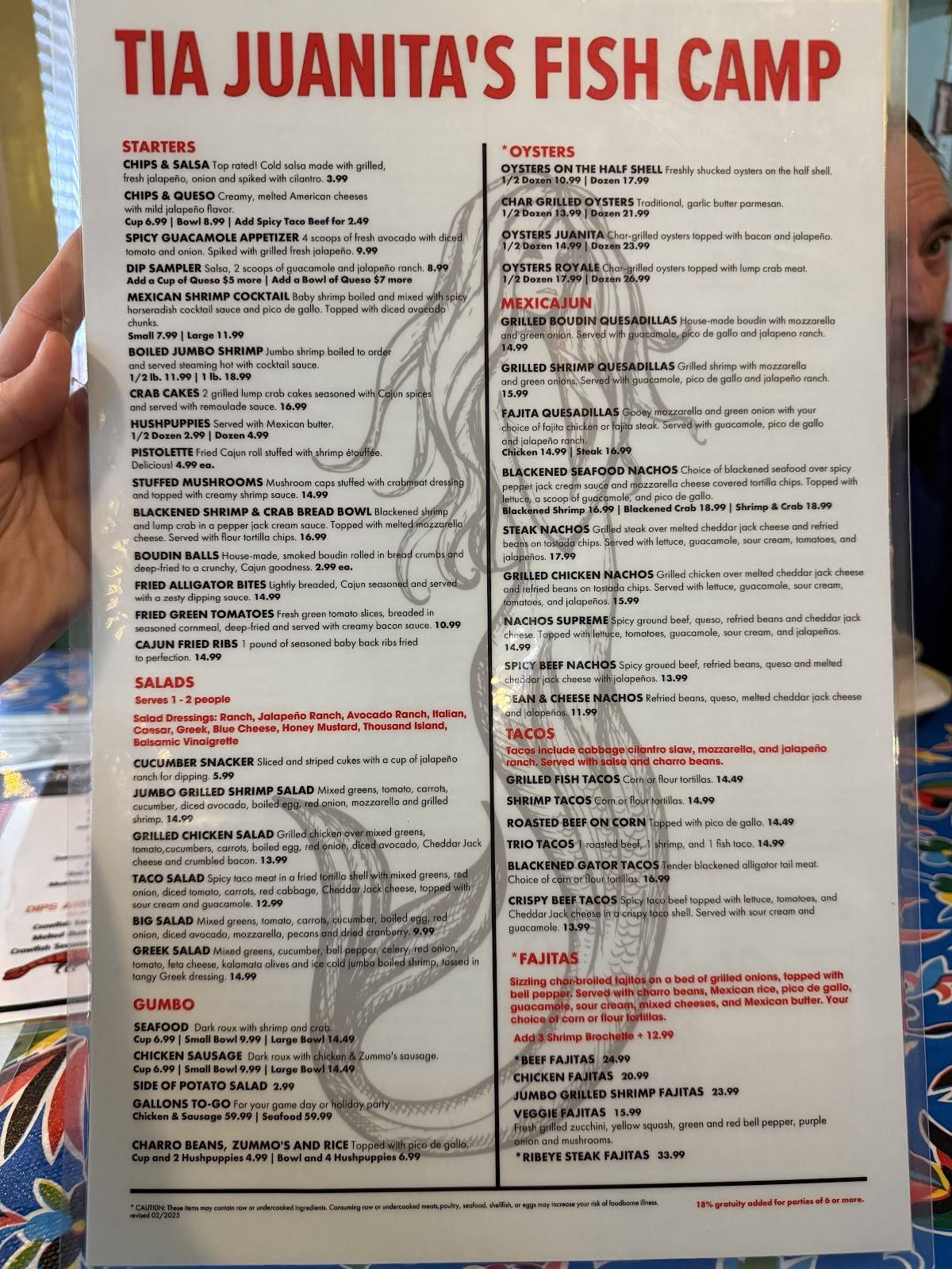 Menu at Tia Juanita's Fish Camp restaurant, Beaumont, Calder Ave