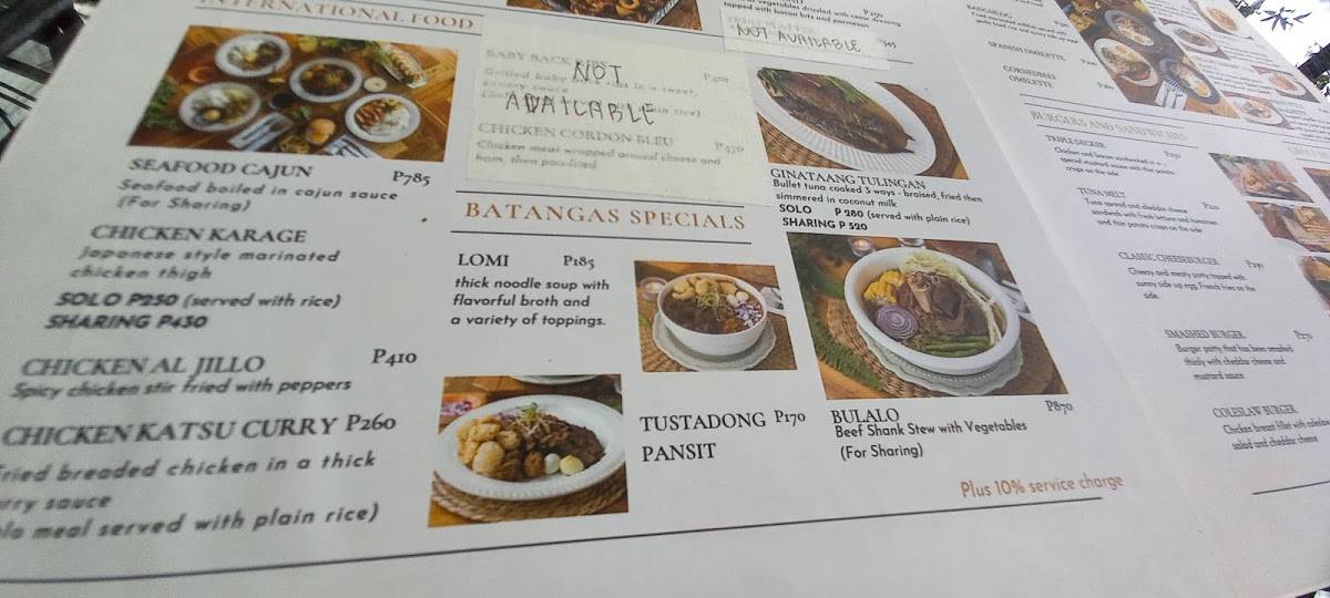 Menu at Timusan Restaurant, Lipa