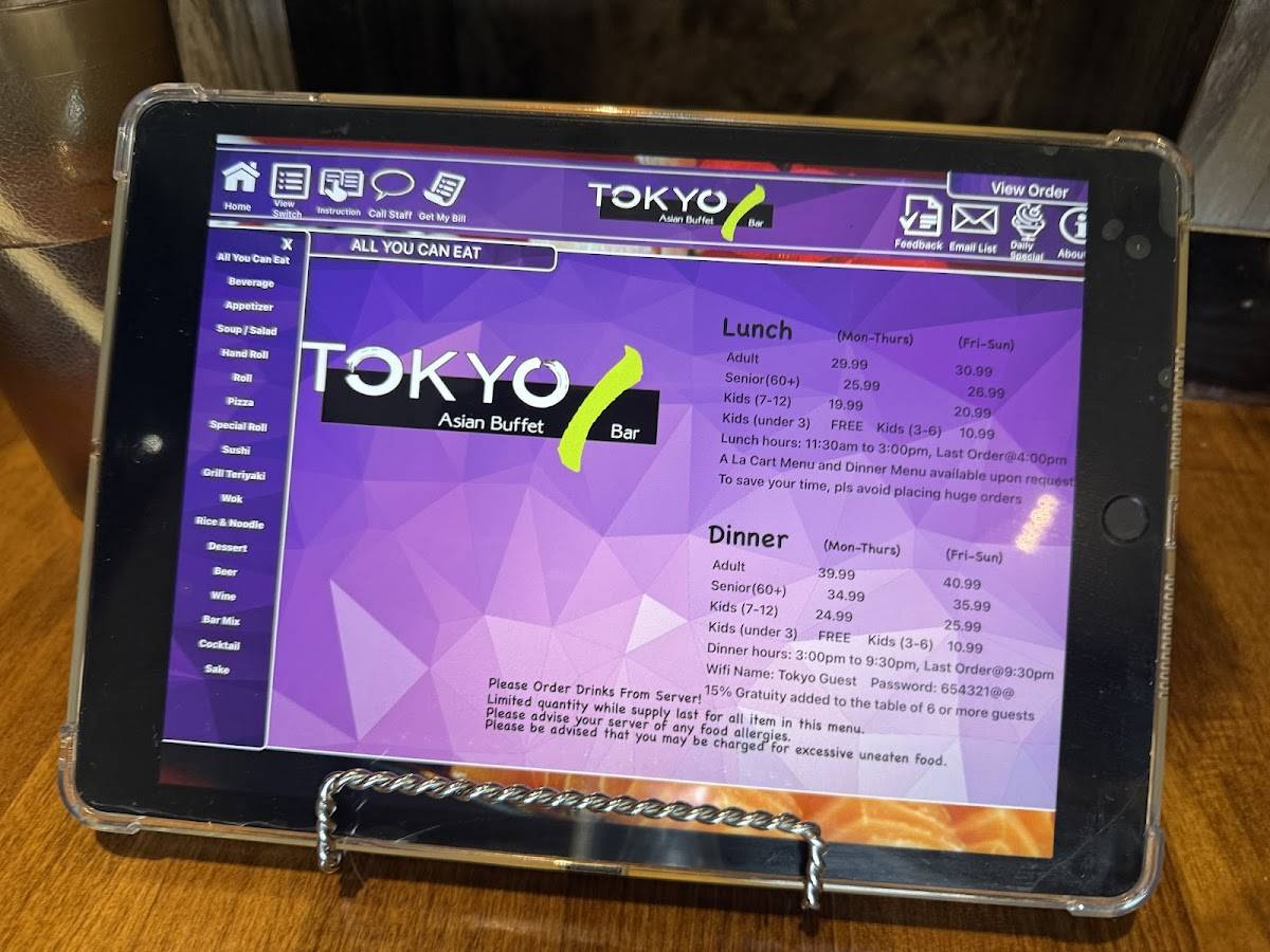 Menu at Tokyo 1 restaurant, Kelowna