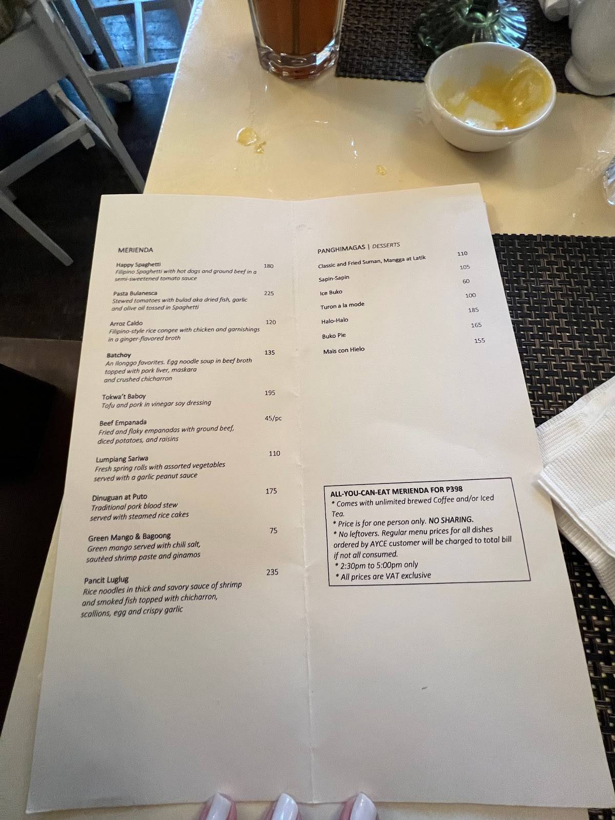 Menu at Tola, Kan-anan sa Balay Oboza restaurant, Davao City