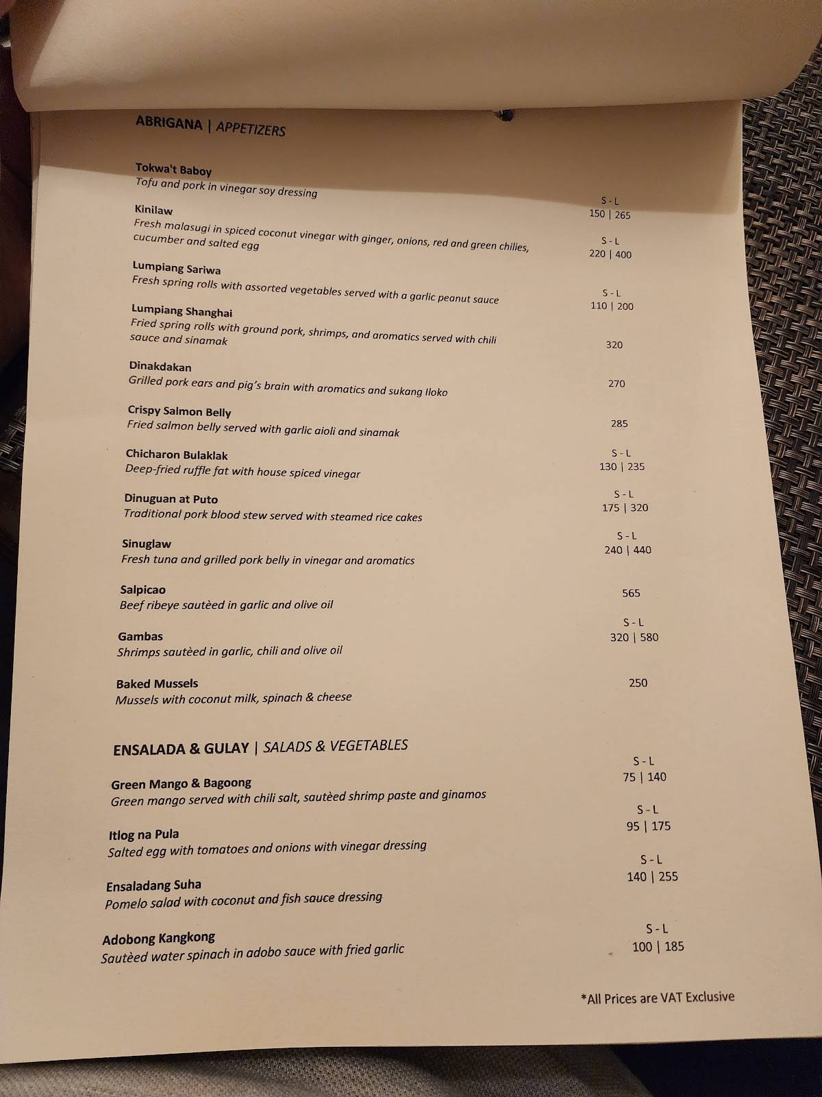 Menu at Tola, Kan-anan sa Balay Oboza restaurant, Davao City