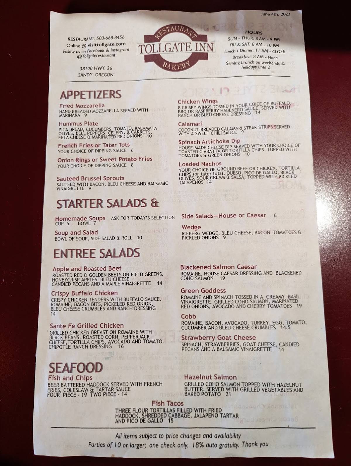 Menu at Tollgate Inn Restaurant & Saloon, Sandy