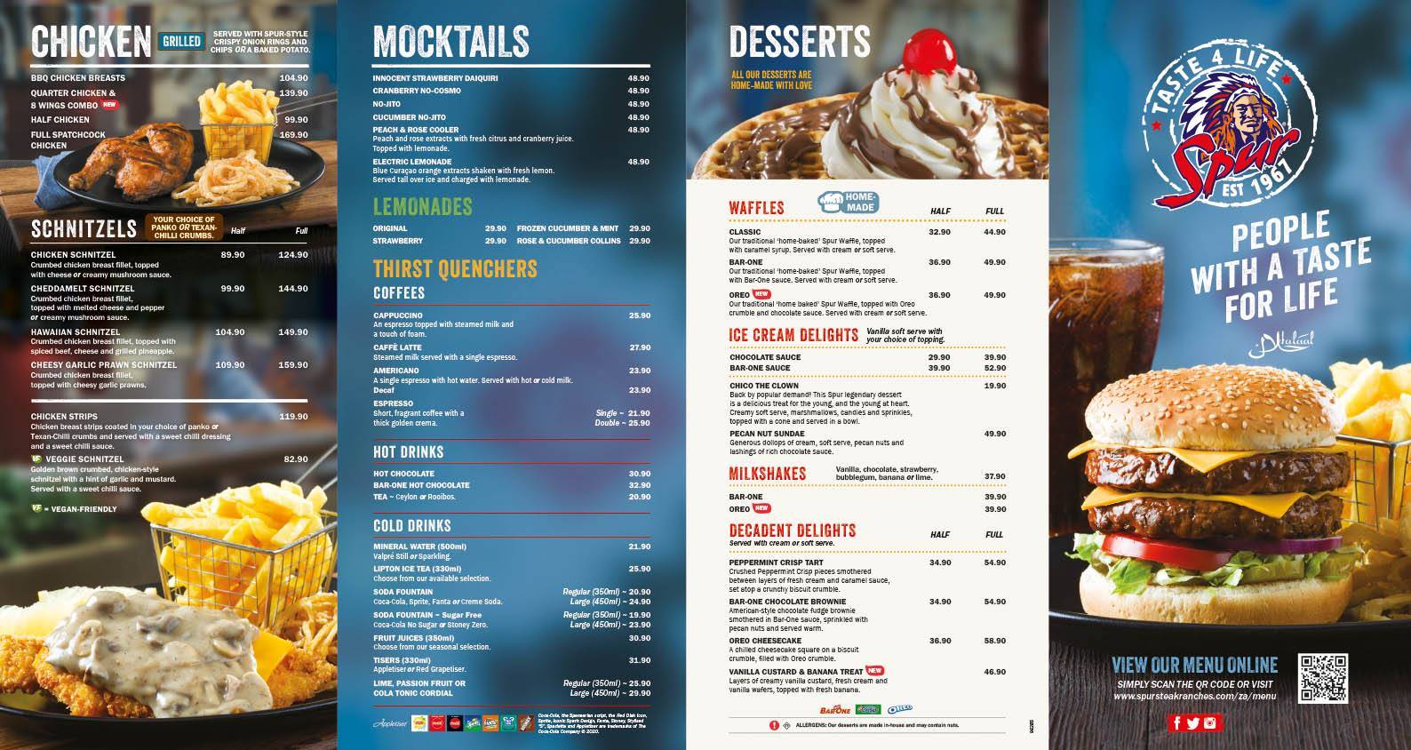 Menu at Tomahawk Spur Halaal restaurant, Cape Town