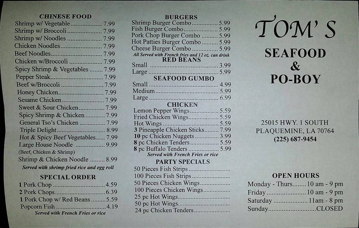 Menu at Tom's Seafood & Restaurant, Plaquemine, LA-1