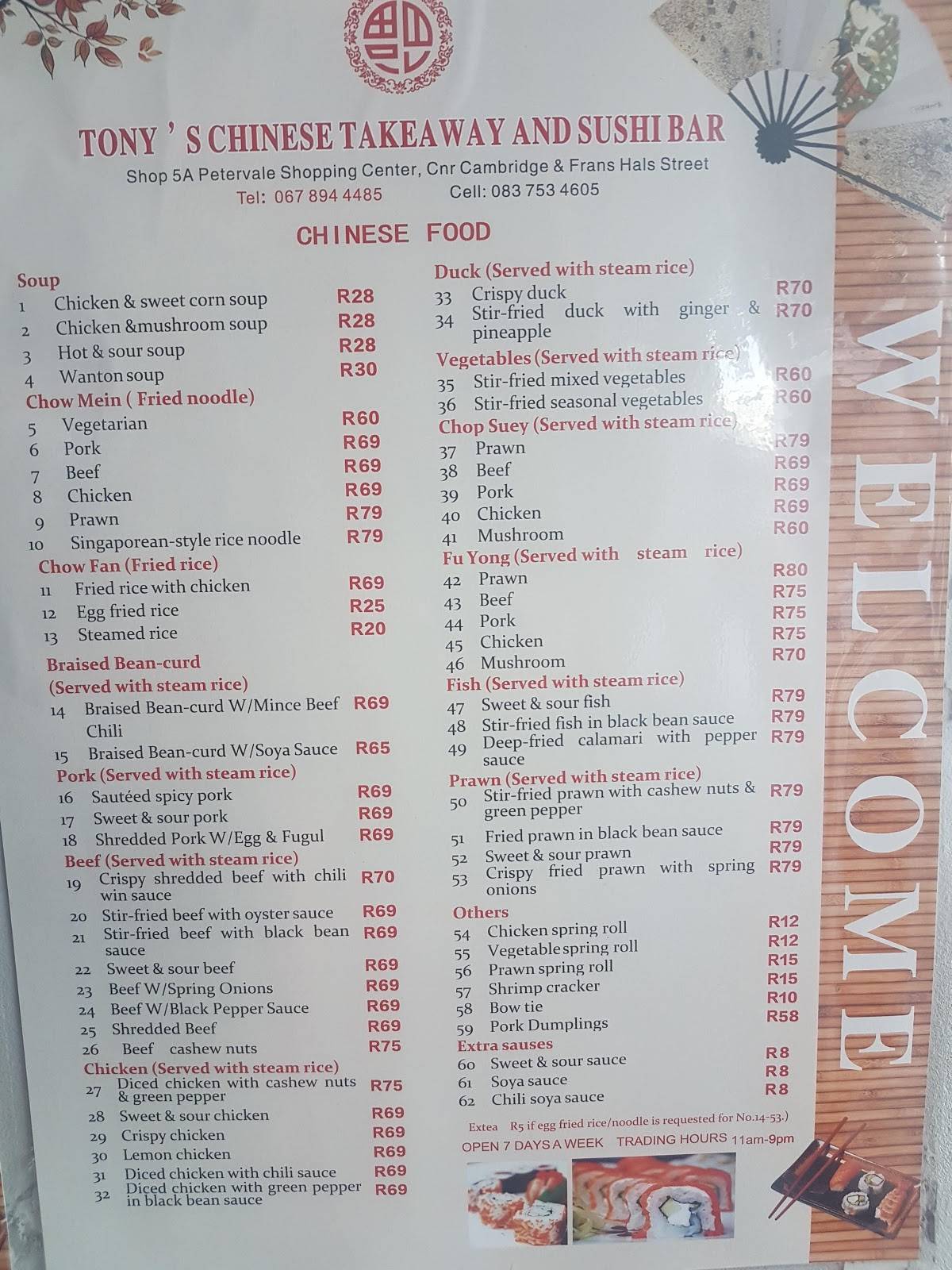 Menu at Tony's Chinese And Takeaway And Sushi Bar, Sandton
