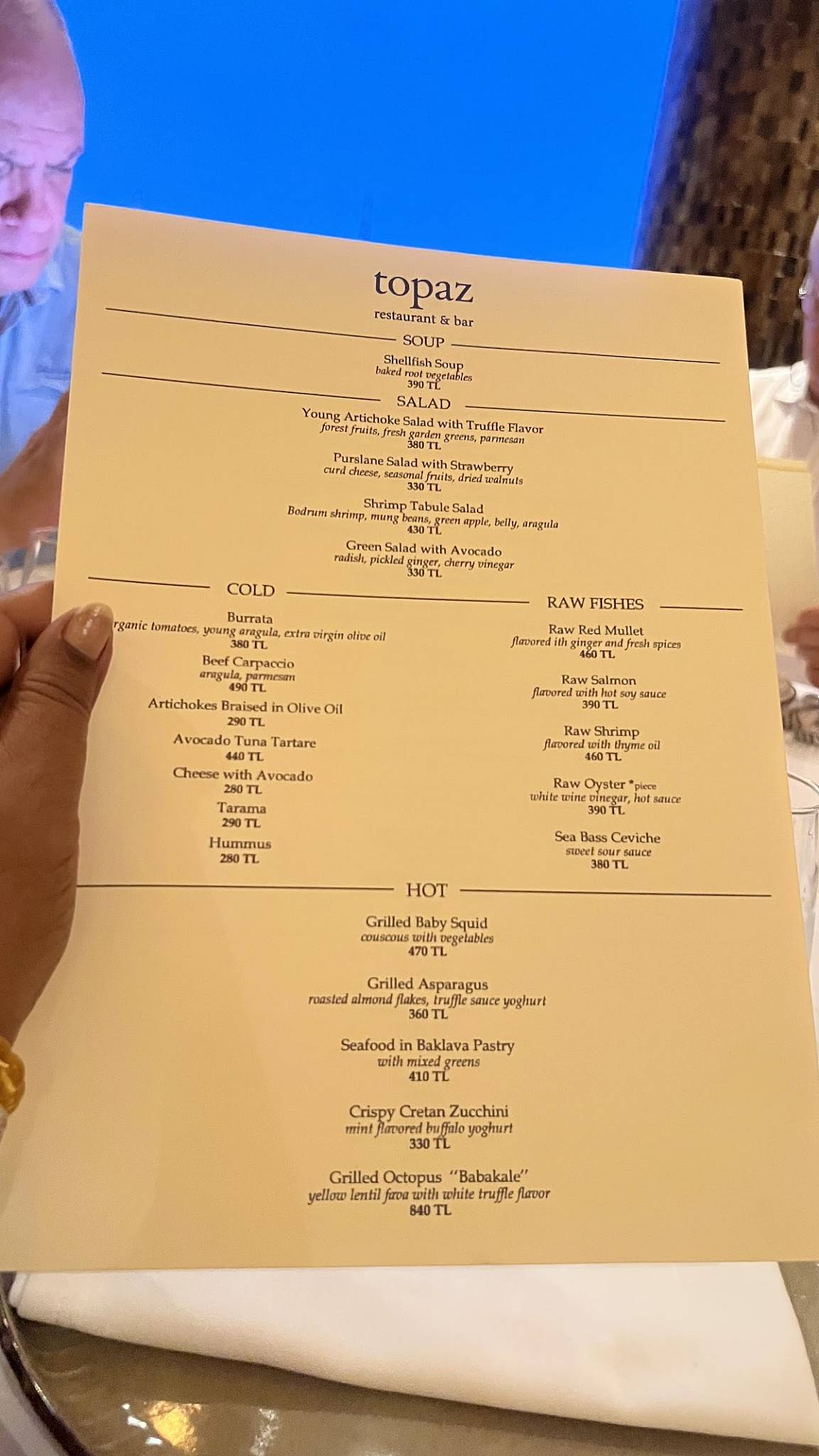 Menu at Topaz İstanbul, Istanbul, İnönü Cd. No:50