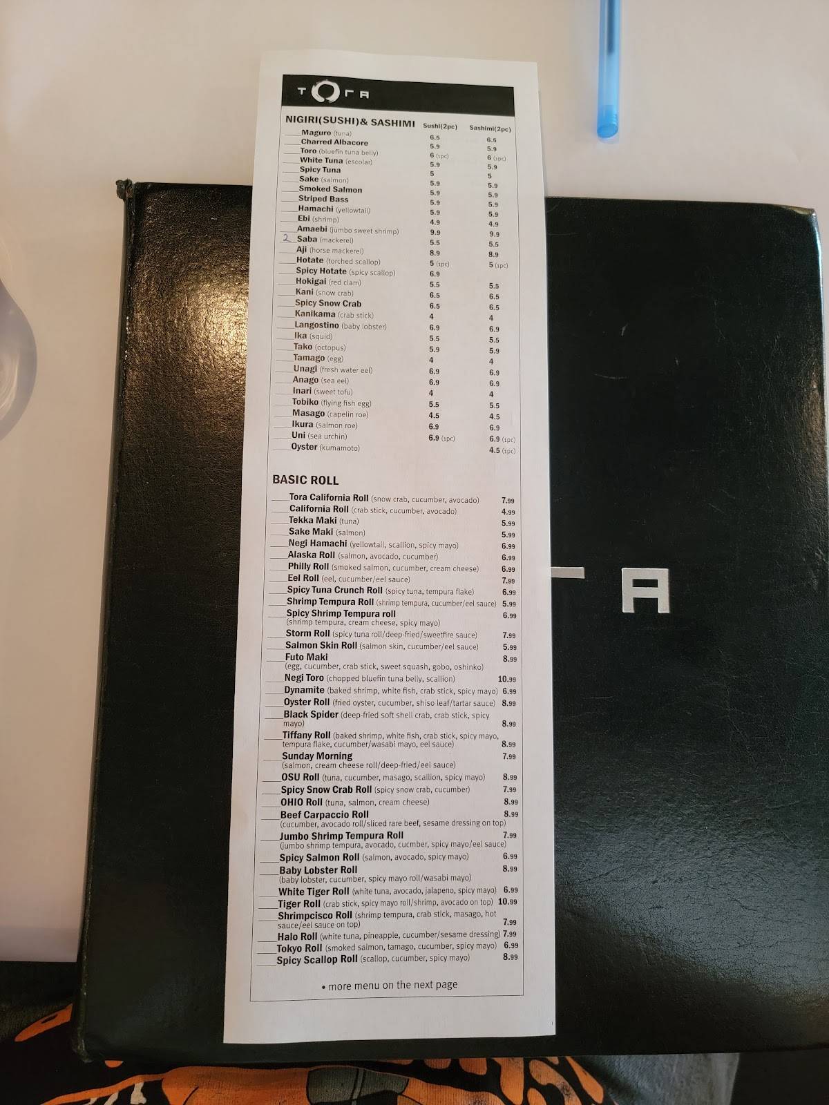 Menu at Tora restaurant, Columbus